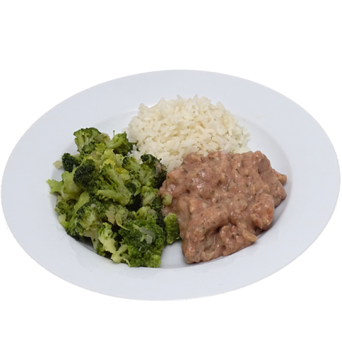 Kip tandoori, broccoli met knoflook en witte rijst